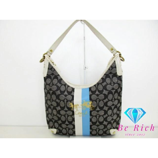 COACH コーチ 2way ハンドバッグ 13193 ヘリテージ ストライプ キャンバス レザー グレー 白 ホワイト ブルー ロゴ 【中古 ...