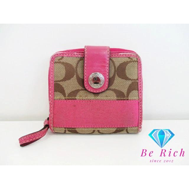COACH コーチ 二つ折り財布 シグネチャー ストライプ カーキ ピンク ロゴ キャンバス レザー コンパクト ウォレット 【中古 ...