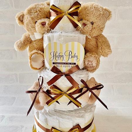 おむつケーキ 双子 出産祝い ベビー ギフト 4段オムツケーキ twins イエロー×ブラウン :208:LA BELLE EQUIPE baby ヤフー店 - 通販 - Yahoo!ショッピング