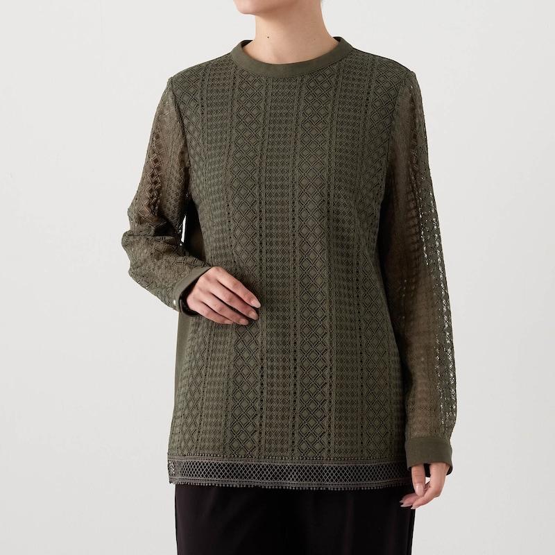 ブラウス 長袖 レディース トップス プルオーバー レースブラウス 透け感 プチハイネック おしゃれ シンプル きれいめ デザイン S M L ...