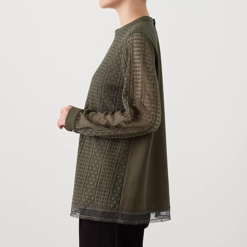 ブラウス 長袖 レディース トップス プルオーバー レースブラウス 透け感 プチハイネック おしゃれ シンプル きれいめ デザイン S M L ...