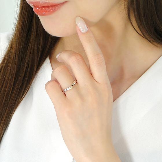 Pt950 K18 YG PG ダイヤモンド コンビ リング 送料無料 プラチナ ゴールド 18金 18K 可愛い pt シンプル 人気 コンビカラー ウェーブ V 指輪 BRR-0224 ...