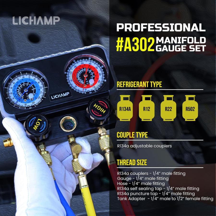 Lichamp ACゲージ A/C マニホールドゲージセット R134a R22 R12 R502 プロフェッショナル #A302 並行輸入品 ...