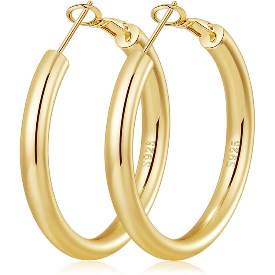 BMMYE スターリングシルバー フープピアス 低刺激性 軽量 チャンキーゴールドフープ レディース 14Kゴールドメッキ 太いフープ ...