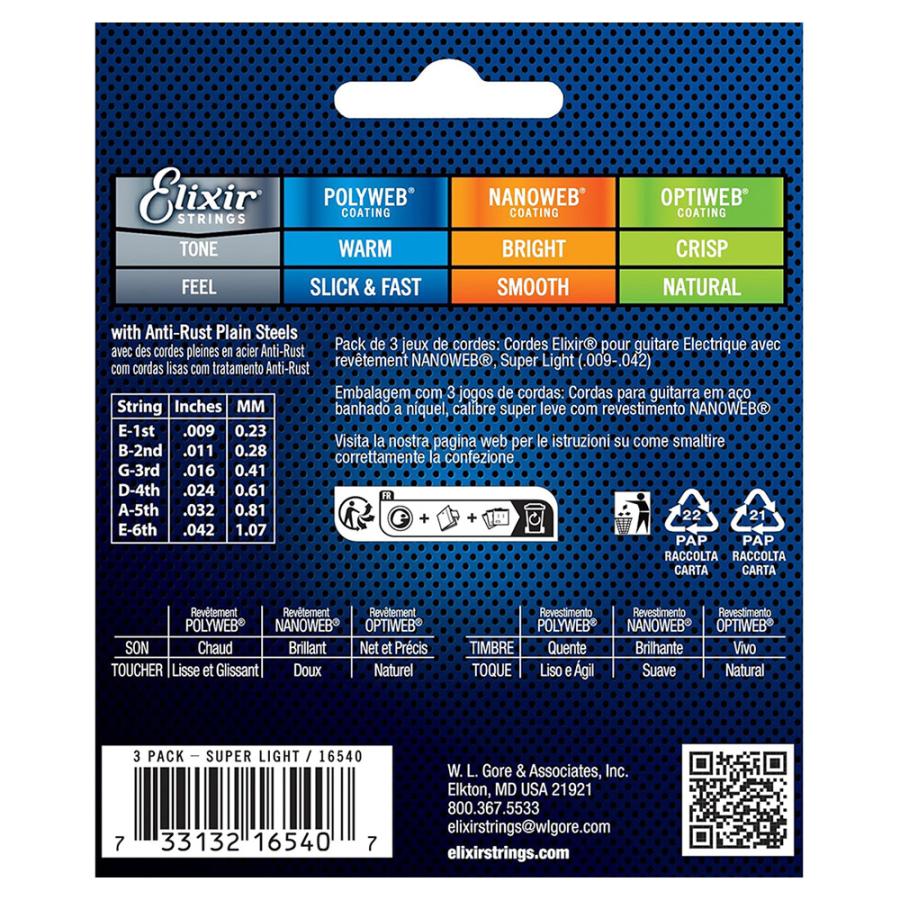 16540 (12002 3個セット) / NANOWEB Super Light .009-.042 / 2＋1セット ボーナスパック / Elixir（エリクサー） アコースティックギター ...