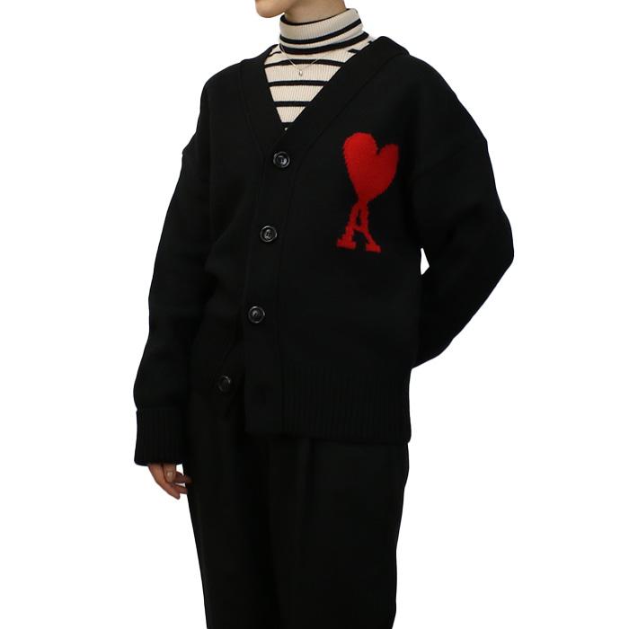 【新品】アミパリス AMI PARIS  ユニセックス ハートロゴ ニット カーディガン  BFUKC002.018　009 BLACK-RED ブラック アミパリス AMI PARIS ユニセックス ハートロゴ ニット カーディガン