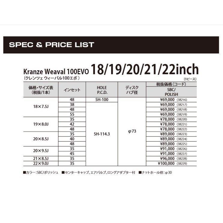 WEDS Kranze Weaval 100 EVO ウェッズ クレンツェ ウィーバル 100エボ 7.5J-18 +48 5H100 SBC/ポリッシュ 日本製 2本以上ご注文にて送料無料 ...