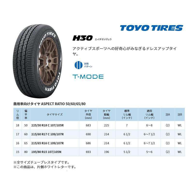 TOYO TIRES トーヨータイヤ H30 225/50R18C 107/105R ハイエース NV350 キャラバン 商用車 ホワイトレター バン規格タイヤ 1本価格 2本以上ご注文にて ...