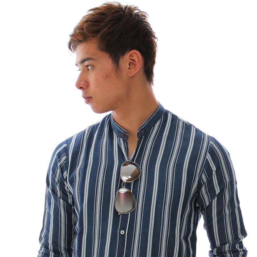 ダンガリーシャツ メンズ ストライプ 長袖シャツ バンドカラー