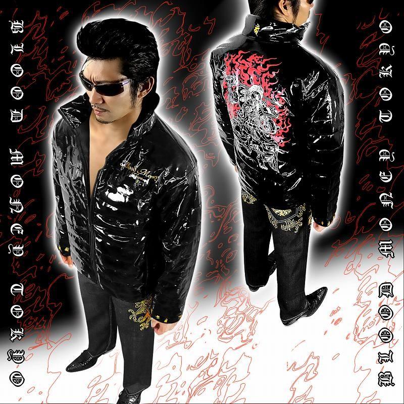 ポイント10倍 不動明王柄 中綿ジャケット 黒×白 ヤクザ ヤンキー 悪羅