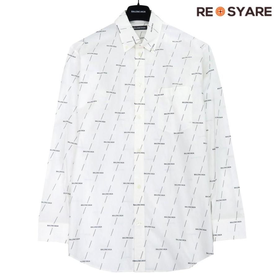 美品 BALENCIAGA バレンシアガ 534333 2020 ロゴ オールオーバープリント 長袖 ボタンダウン シャツ トップス ...