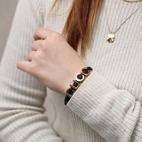 グッチ GUCCI 編み込み イントレチャート レザー ブレスレット アクセサリー ブラック×ゴールド [レディース] 684631 ...