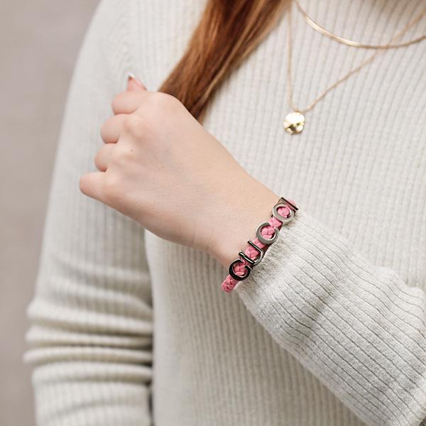 GUCCI グッチ 編み込み イントレチャート レザー ブレスレット アクセサリー ピンク×シルバー [レディース] 684631 IAAA1 ...