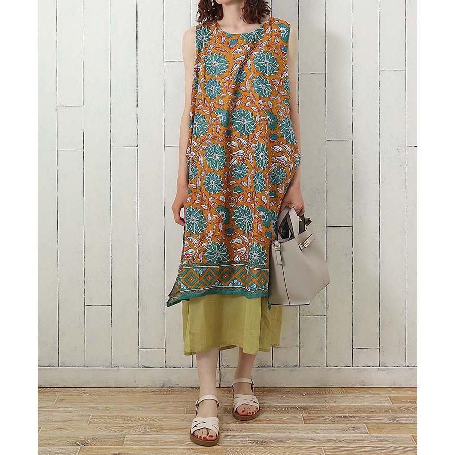 Bleu Bleuet ワンピース レディース ロング ノースリーブ インド綿 エスニック アジアン 柄 hb おしゃれ コットン プレゼント 袖なしフラワーワンピース : ブルーブルーエ ...