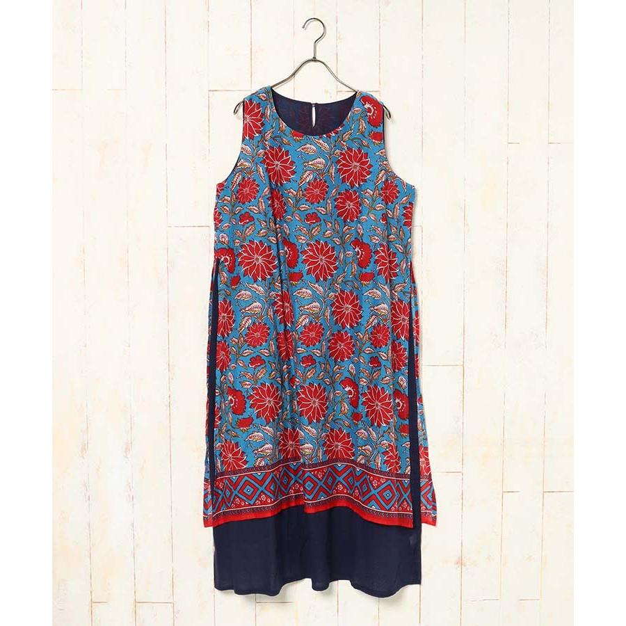 Bleu Bleuet ワンピース レディース ロング ノースリーブ インド綿 エスニック アジアン 柄 hb おしゃれ コットン プレゼント 袖なしフラワーワンピース : ブルーブルーエ ...