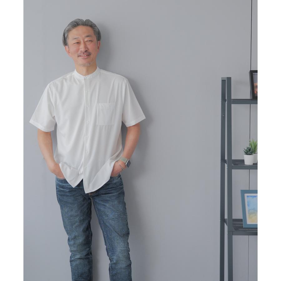 AWC シャツ メンズ 半袖 バンドカラー 白 黒 オフィス カジュアル ビジネス スタンド トップス ストレッチ ブランド カジュアルシャツ M L LL 3L ベージュ : Blue ...