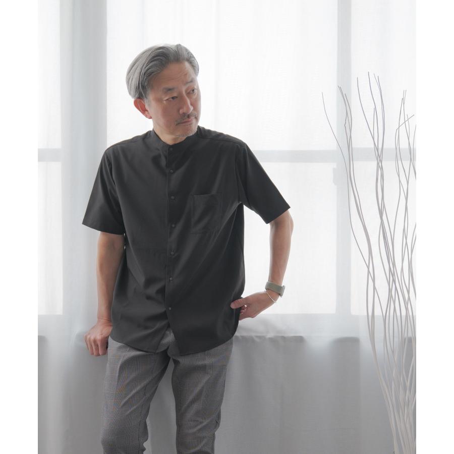 AWC シャツ メンズ 半袖 バンドカラー 白 黒 オフィス カジュアル ビジネス スタンド トップス ストレッチ ブランド カジュアルシャツ M L LL 3L ベージュ : Blue ...