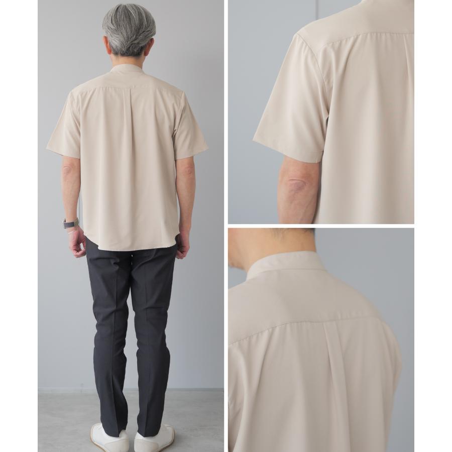 AWC シャツ メンズ 半袖 バンドカラー 白 黒 オフィス カジュアル ビジネス スタンド トップス ストレッチ ブランド カジュアルシャツ M L LL 3L ベージュ : Blue ...