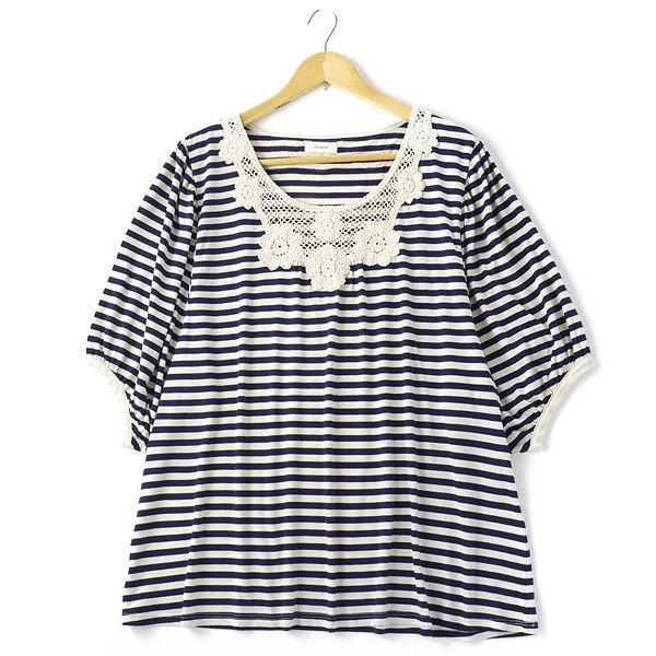 大きいサイズ レディース 3L・4L・5L・6L LUI JANNE モチーフレース付きボーダーTシャツ ネイビー 405-363-9-106 ...