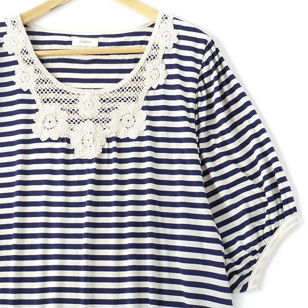 大きいサイズ レディース 3L・4L・5L・6L LUI JANNE モチーフレース付きボーダーTシャツ ネイビー 405-363-9-106 ...