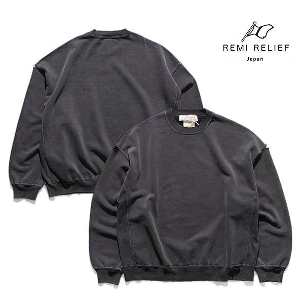 REMI RELIEF レミ レリーフ【REMI RELIEF】SP加工 裏毛 クルー スウェット トレーナー ダメージ ブラック 無地 長袖 ...