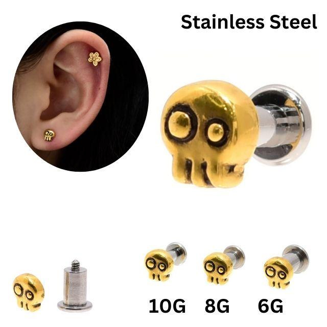 ボディピアス 10G 8G 6G ゴールド スカル 骸骨 金属アレルギー対応 ステンレスピアス ロブ ヘリックス アウターコンク 軟骨ピアス 舌ピアス ラブレットスタッズ : 1000f097 ...