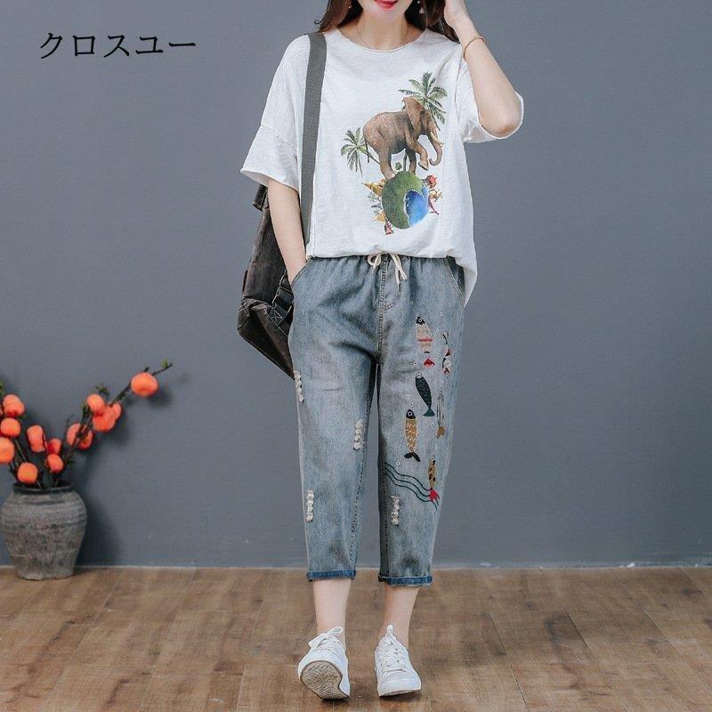 大きいサイズデニムパンツ レディース 七分丈 ボトムス 魚柄 夏新作 森ガール ダメージデニム ウエストゴム ジーンズ : ビーワンコマースヤフー店 - 通販 - Yahoo!ショッピング