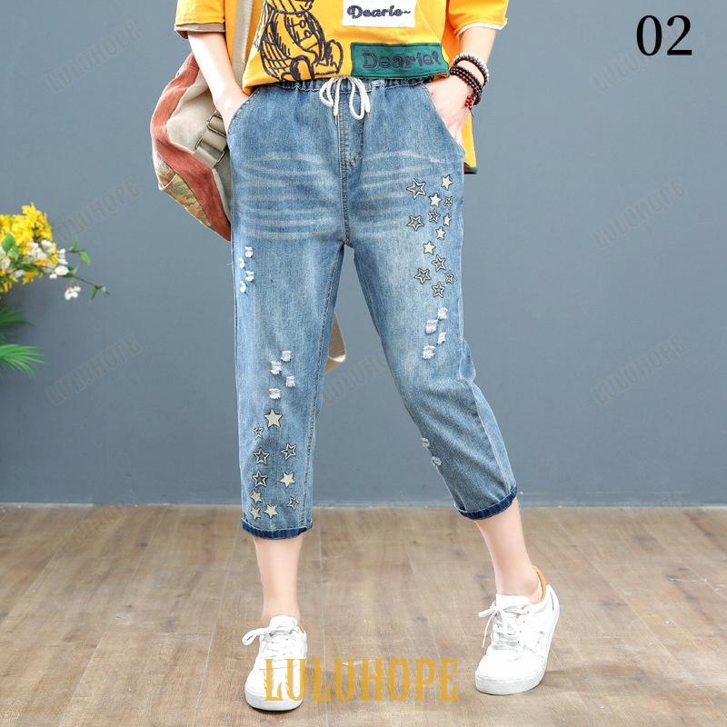 七分丈 デニムパンツ 星柄 大きいサイズ レディース ボトムス 夏 森ガール ダメージデニム ウエストゴム :lgf-jy644:ビーワンコマースヤフー店 - 通販 - Yahoo!ショッピング
