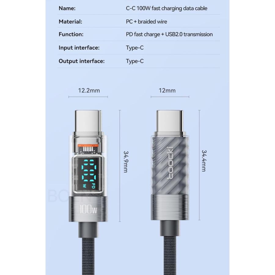 USB C ケーブル CtoC PD対応 100W/5A ワット表示急速充電 出力スクリーン表示 ナイロン編み データ転送 1M : b0ctf6q68t : BOUENN - 通販 ...