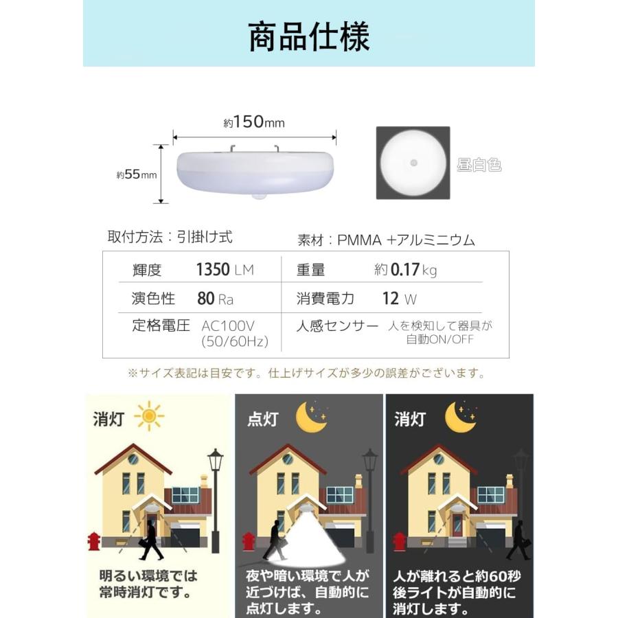 [BOEN] 人感センサー付き 昼白色 LEDシーリングライト 約4畳 （12W）100W 1350LM 赤外線&明暗センサー搭載 引掛け式 ...
