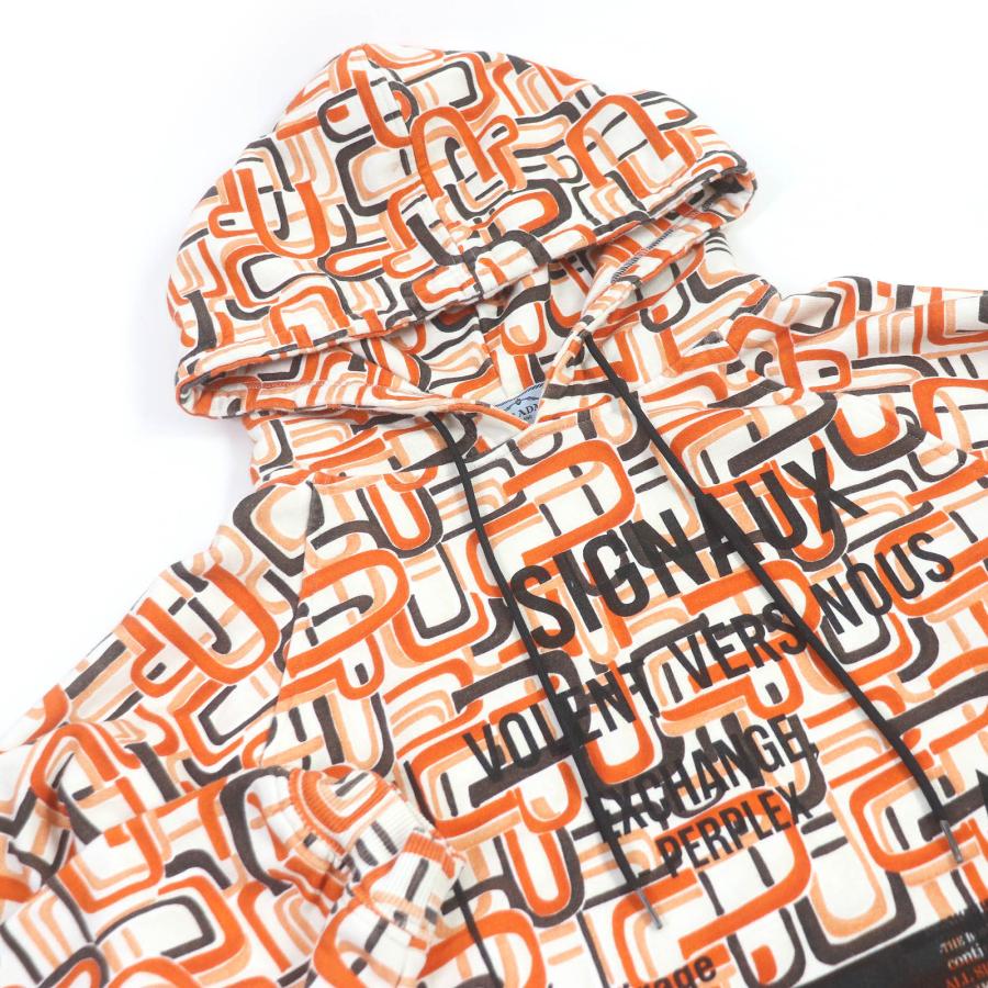 美品□PRADA プラダ 21SS 134628 総柄 トライアングルロゴ プルオーバー フーディー パーカー オレンジ M イタリア製 正規品 メンズ PRADA（プラダ） 美品□PRADA 21SS 134628 総柄 トライアングルロゴ