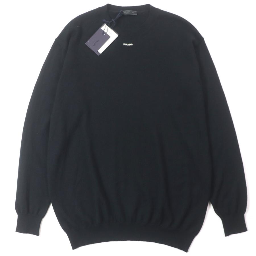 PRADA 未使用品 PRADA プラダ 2023年製 UMB678 カシミヤ ロゴ刺繍 クルーネック ニット セーター ブラック 48 ...