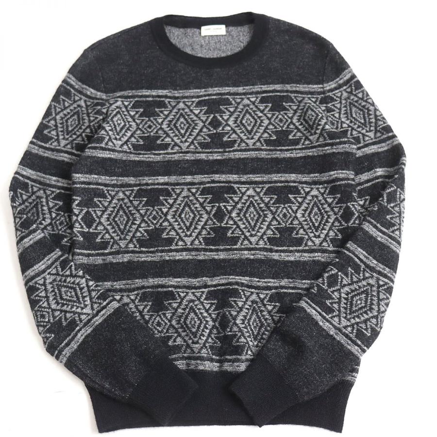極美品 SAINT LAURENT PARIS サンローランパリ 499064 オルテガ柄 モヘア混 長袖 ウールニット/セーター ブラック ...