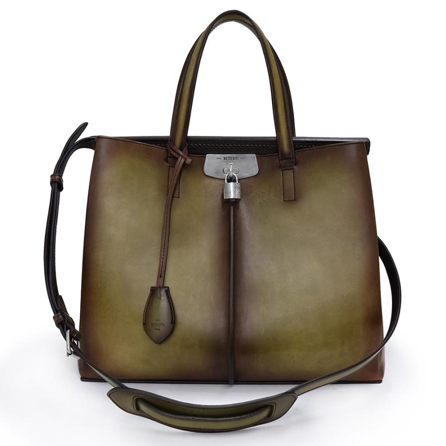 （中古）ベルルッティ Berluti ルッティ 38 2way ショルダー ハンドバッグ 斜め掛け ヴェネチアレザー ジャングルグリーン 茶 ...