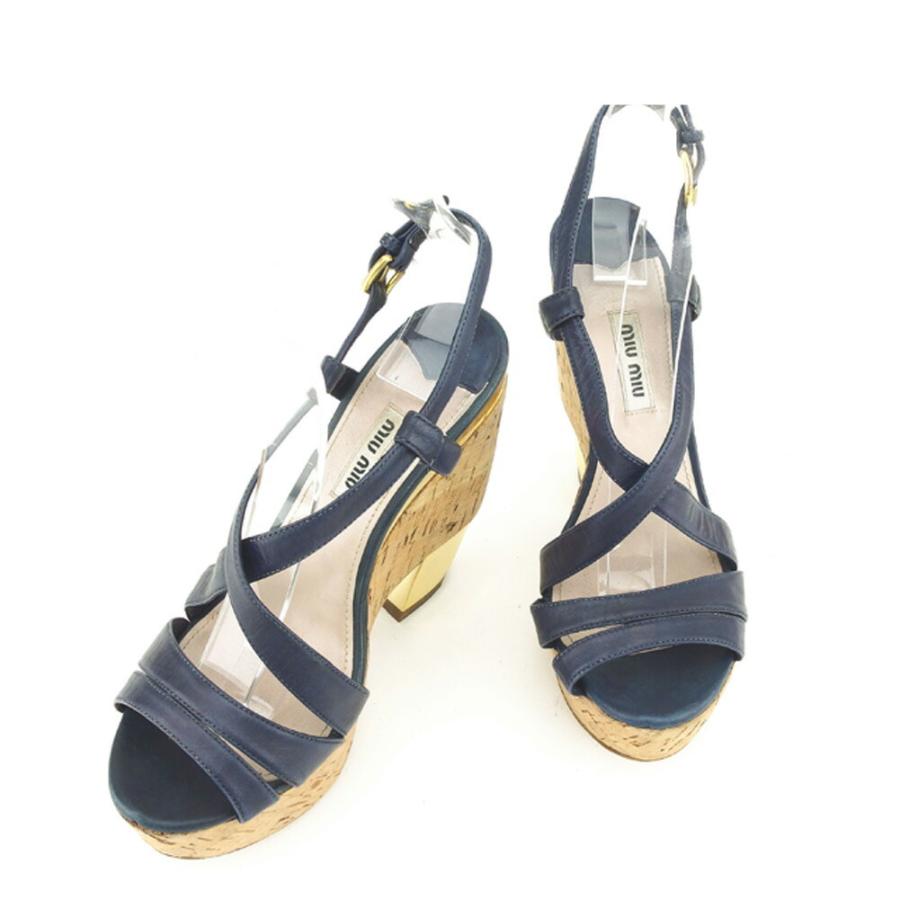 【BIGお買い物ラリー★30%OFFセール中】ミュウミュウ MIUMIU サンダルクロスデザイン ♯36ハーフ ウェッジソール ネイビー ベージュ ゴールド レディース 中古 ミュウミュウ サンダル シューズ 靴 レディース ♯36ハーフ ウェッジ