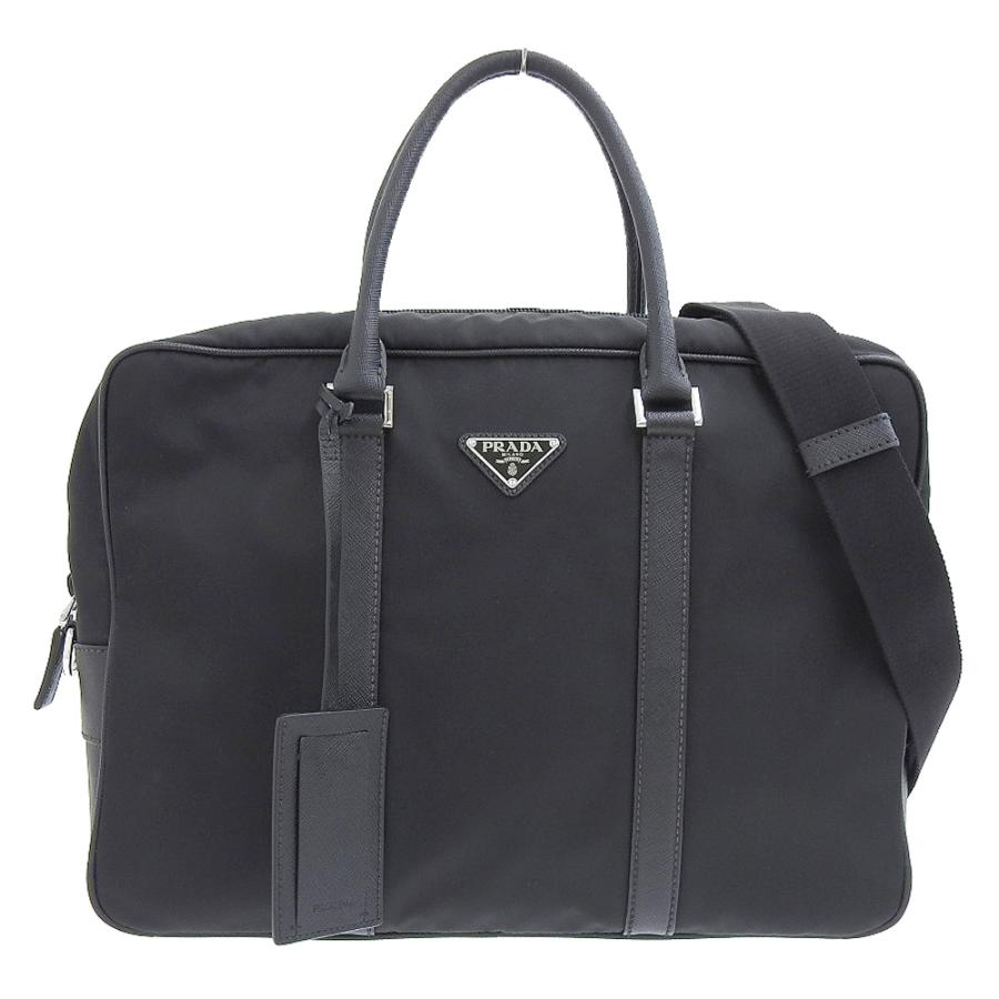 PRADA（プラダ） 美品 PRADA 2019年 2VE661 テスート 三角ロゴ サフィアーノ レザー 2way ショルダー ビジネス ブリーフ バッグ ケース 黒 メンズ ...