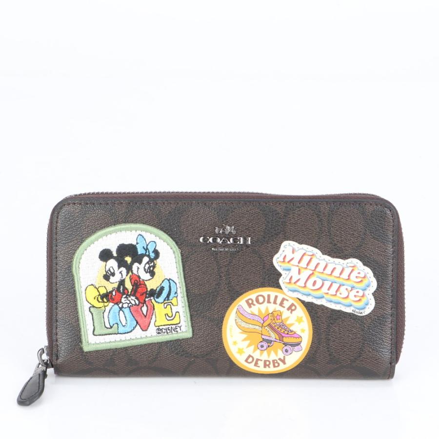 美品 コーチ × ディズニー コラボ シグネチャー レザー 長財布 二つ折り ロング ウォレット ラウンドファスナー レディース RUE ...