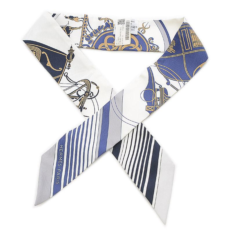 HERMES 値下げ エルメス ツイリー エクスリブリス Ex-Libris ホワイト/マリン/グリス シルク100% ブランドピース ...