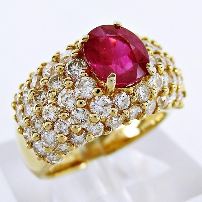 K18YG ★ゴールドリング 非加熱 ルビー2.03ct 7月誕生石 ダイヤモンド2.58ct 12.5号 鑑別書付き 【中古 ...