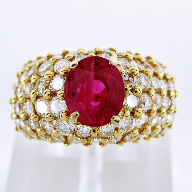 K18YG ★ゴールドリング 非加熱 ルビー2.03ct 7月誕生石 ダイヤモンド2.58ct 12.5号 鑑別書付き 【中古 ...