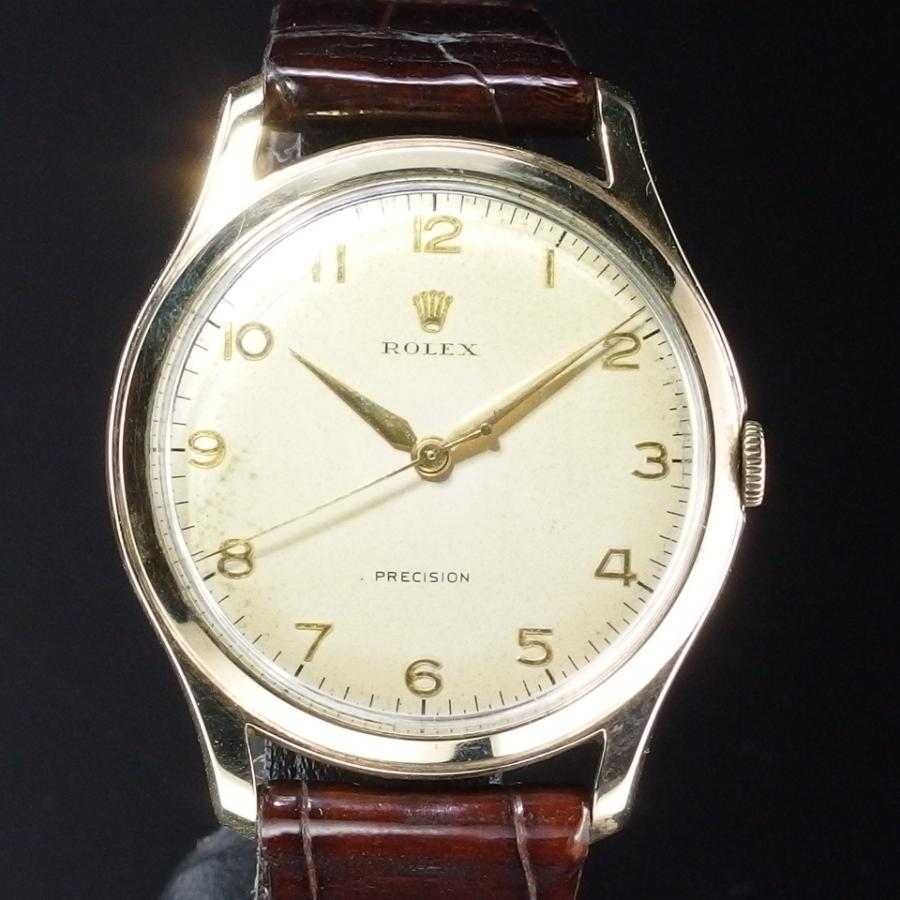 ロレックス ROLEX 12847 プレシジョン K9 YG/革 手巻き アラビアンインデックス アンティーク 裏蓋 刻印 メンズ 腕時計 ...