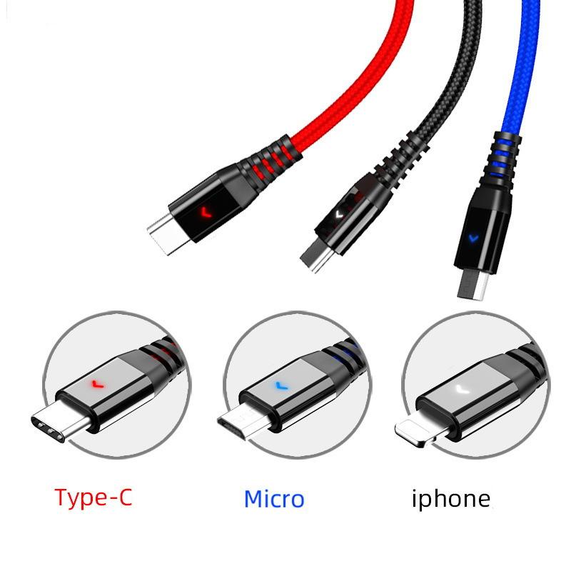 3in1 充電ケーブル スマホ iPhone Android 2m 1.2m ライトニング Type-C Micro USB 断線防止 同時充電可能 LEDライト付き : bright ...