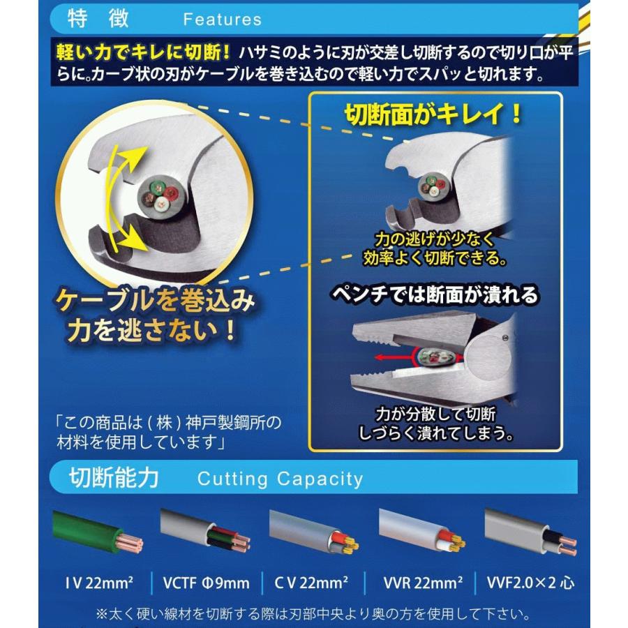 ツノダ TTC ケーブルカッター 150mm 2ツ穴タイプ ビニールグリップ ケーブル線 IV線 VCT CV VVR VA線 電話線 LAN電気工事 電気設備 配線 切断工具 CA-22 ...