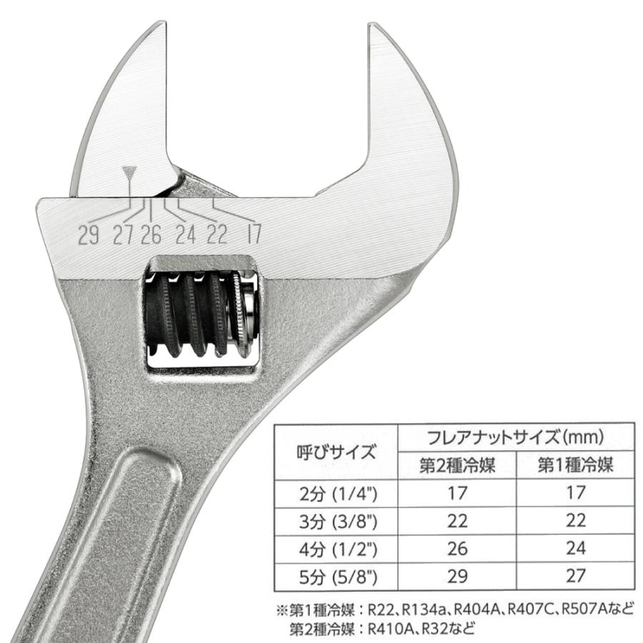 トップ工業 空調用モンキーレンチ エアワイド 新冷媒規格 300mm 口開き 8〜32mm 目盛付 ガタ無しウォーム 2分 3分 4分 5分 フレアナット 日本製 HY-32L TOP ...
