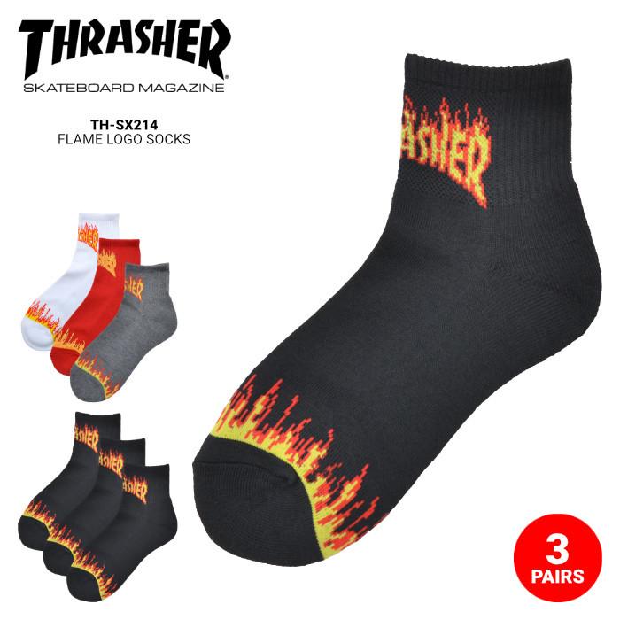 THRASHER（スラッシャー） ソックス FLAME LOGO SOCKS 靴下 クォーターソックス クルーソックス 3足セット 3Pセット ...