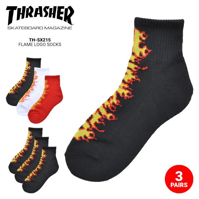 THRASHER スラッシャー ソックス FLAME LOGO SOCKS 靴下 クォーターソックス クルーソックス 3足セット 3Pセット ...