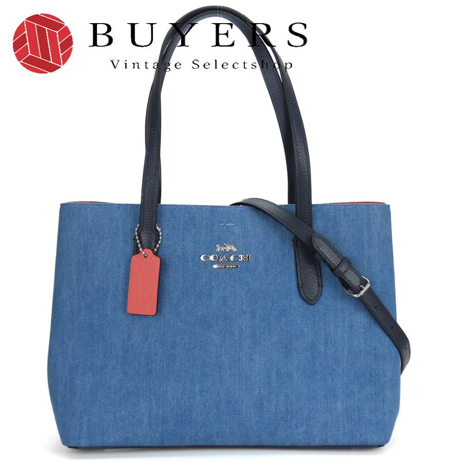 COACH 中古 コーチ トートバッグ 91140 デニム レザー ブルー ネイビー シルバー金具 肩掛け 2WAY ショルダー レディース ...