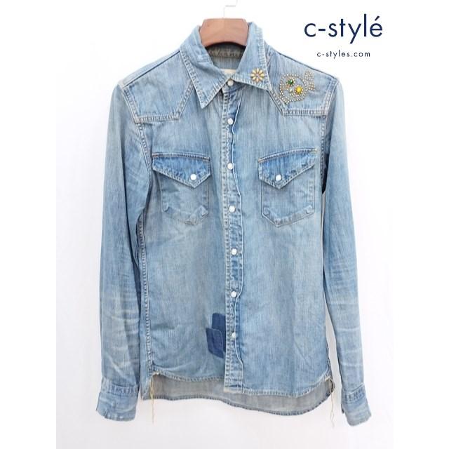 Y097 [人気] REMI RELIEF レミレリーフ ウエスタンデニムシャツ 長袖 フラワースタッズ ダメージ加工 S インディゴ | Y ...