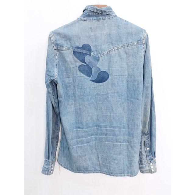 Y097 [人気] REMI RELIEF レミレリーフ ウエスタンデニムシャツ 長袖 フラワースタッズ ダメージ加工 S インディゴ | Y ...