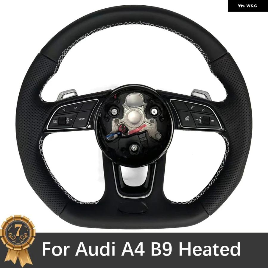 ブランド登録なし アウディ A4 B9 パンチングレザーホワイトステッチ ヒーター付きステアリングホイール パドル ボタン S/RS ロゴ ...